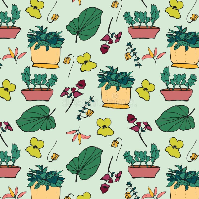 Garden Set Elements Repeating Pattern - Green Leaves and Plants Motifs ...