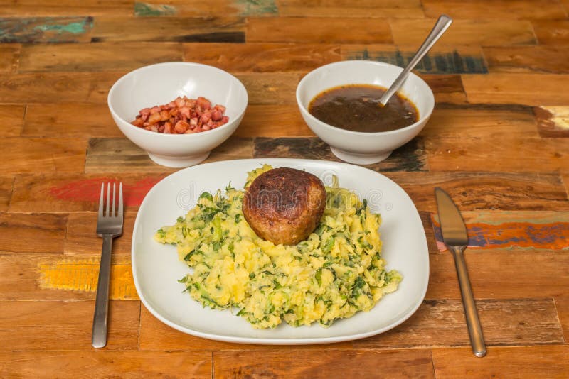 Stamppot with Endive, Mashed Potatoes and Meatballs Stock Photo - Image ...