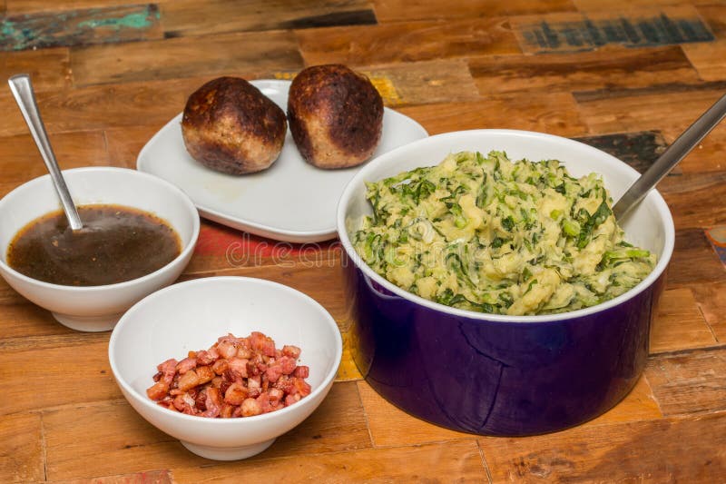 Stamppot with Endive, Mashed Potatoes and Meatballs Stock Photo - Image ...