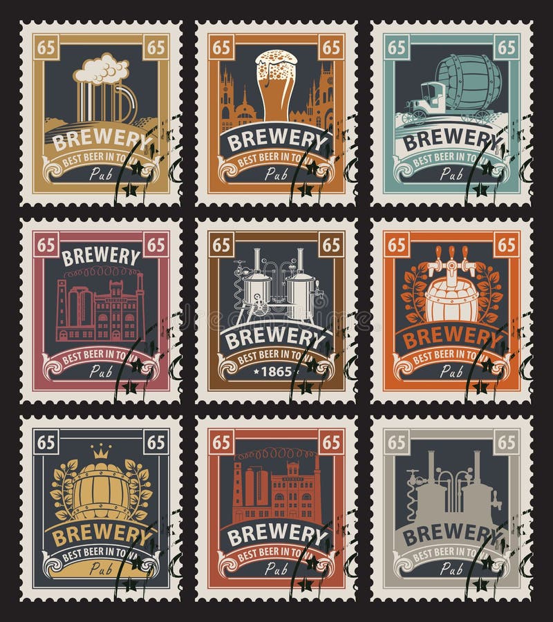 Stamps on beer and brewery stock vector. Illustration of plant - 81929620