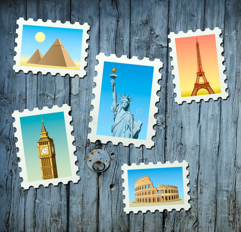 Stamps of famous landmarks stock illustration. Illustration of places ...