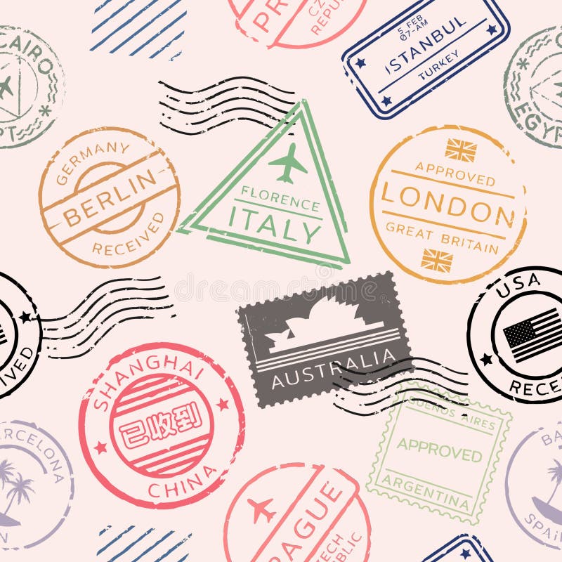 Travel Seamless Pattern. Post Stamps from Countries All Around the ...