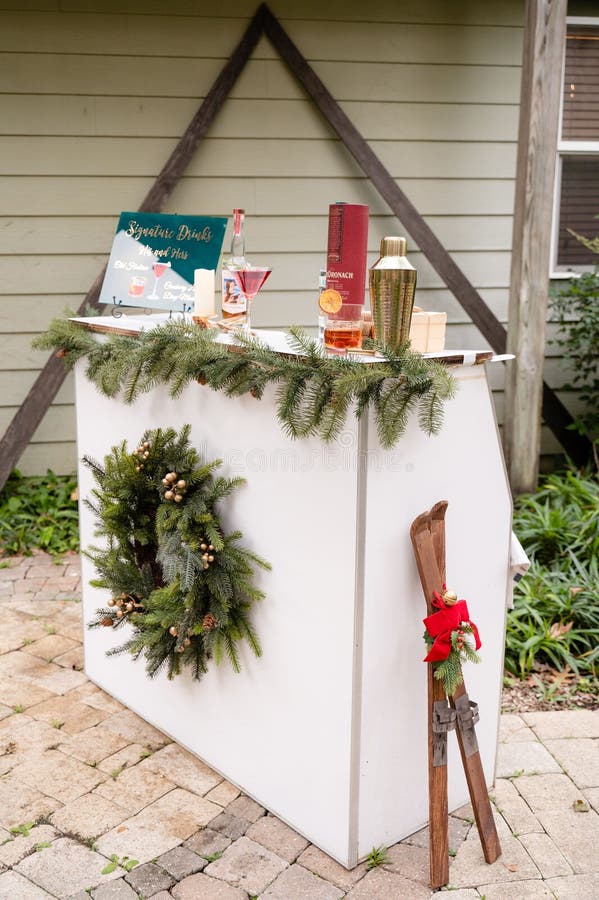 Stand for a Bar with Various Drinks with Christmas Decorations Outdoors ...