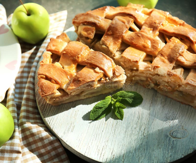 Stand with Delicious Apple Pie on Table Stock Photo - Image of lattice ...
