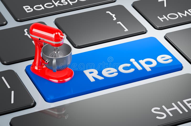 Stand Kitchen Mixer on Keyboard. Recipe Blue Key. 3D Rendering Stock ...
