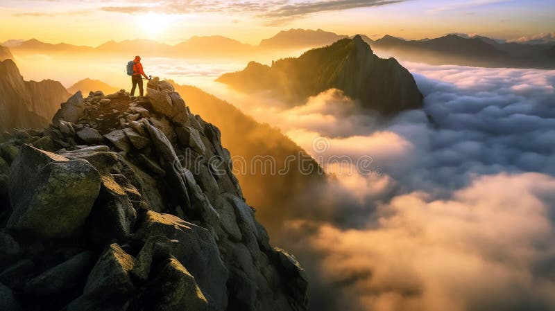 Stand Man on Top of Mountain Full of Clouds Around on Sunset, Ai ...