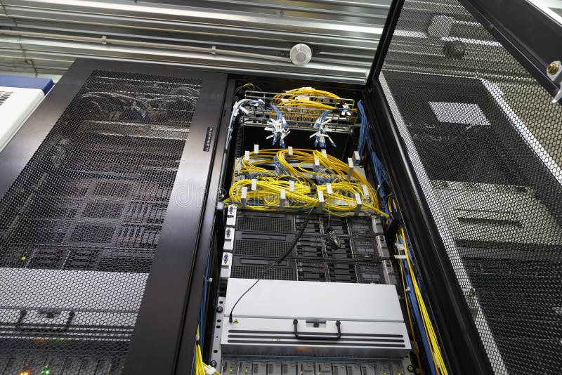 Stand with Server Hardware Interior with Twisting Wires and Cables ...