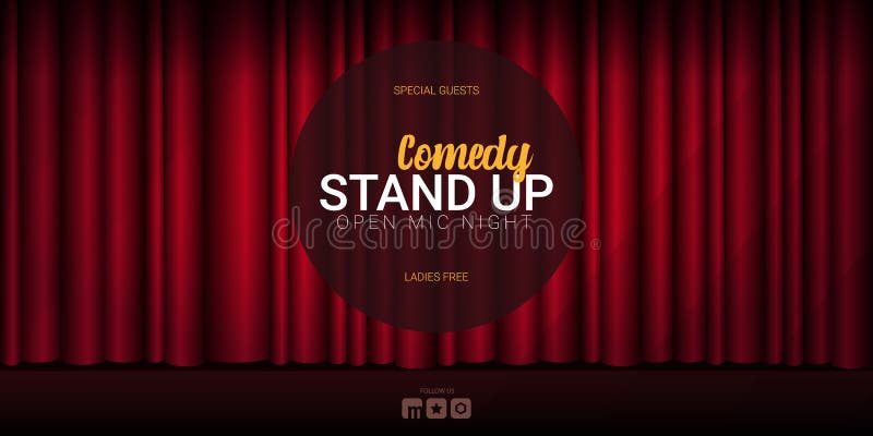Stand Up Comedy Banner with Red Curtains Background with Spotlight ...