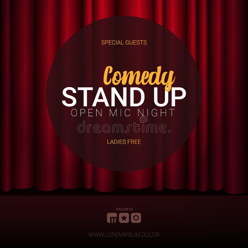 Stand Up Comedy Banner With Red Curtains Background With Spotlight