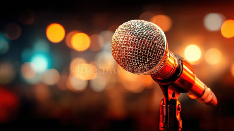 Stand-up Comedy Microphone in Spotlight with Blurred Crowd and Vibrant ...