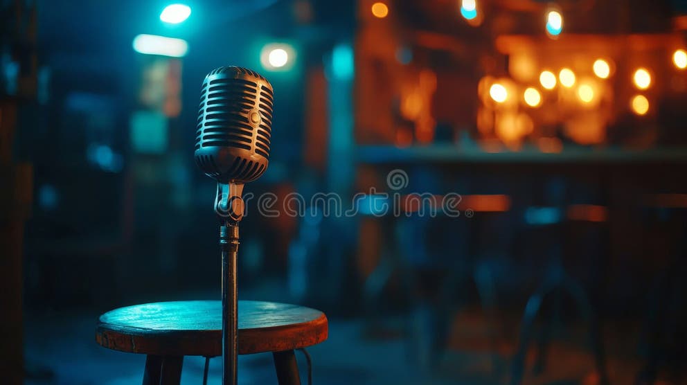 Stand-up Comedy Stage Setup with a Microphone and Stool, Reflecting ...
