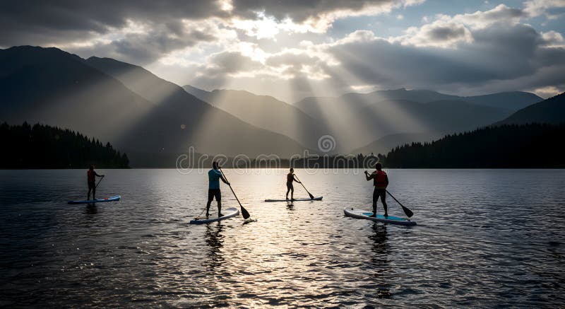 Stand Up Paddle Boarding Group Sun Rays Dramatic Sky Mountains Water ...