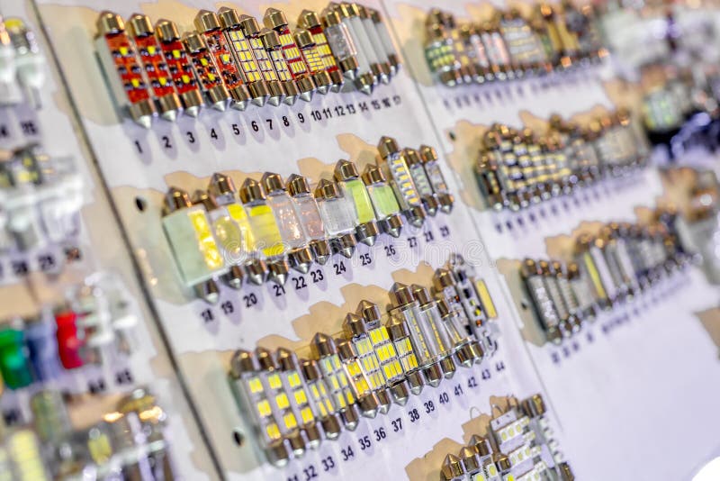 Stand with a Variety of Car LED Lamps. Stock Image - Image of energy ...