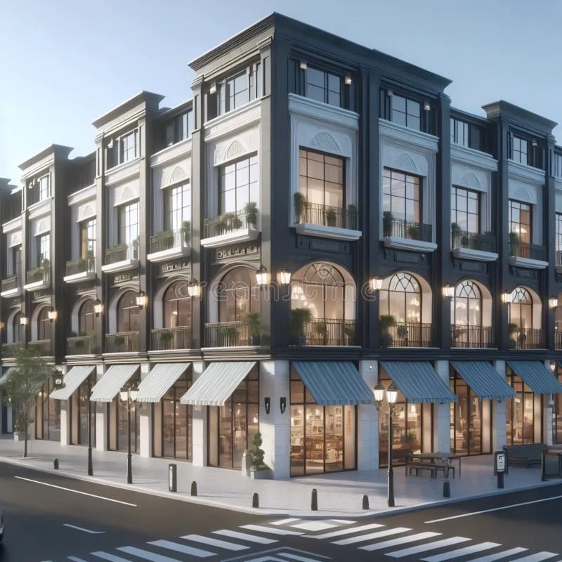 Square daytime view of identical retail units with glass storefronts ...