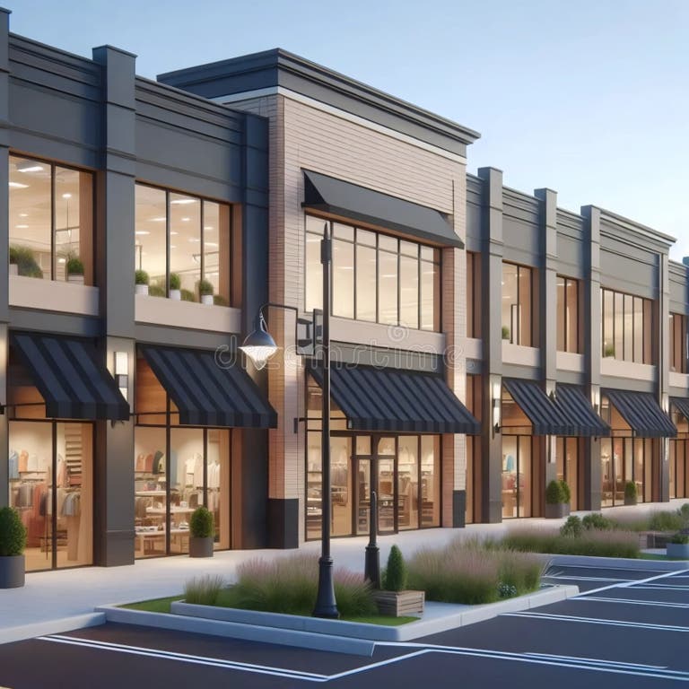 Square daytime view of identical retail units with glass storefronts ...