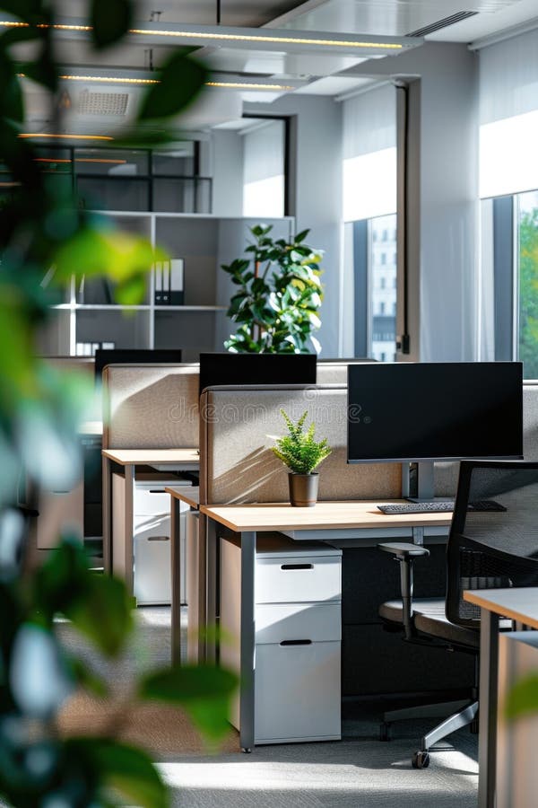 A Standard Office Setting with Desks, Chairs, and a Potted Plant Stock ...