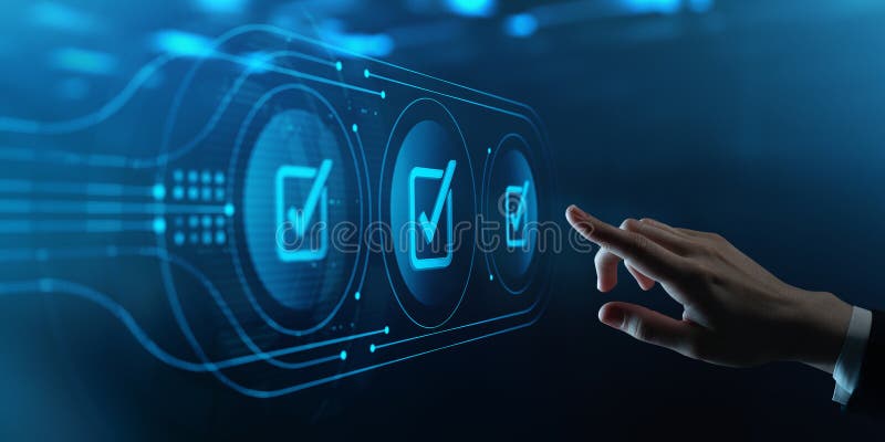 Standard and Quality Management Concept. Human Hand Touching Futuristic ...