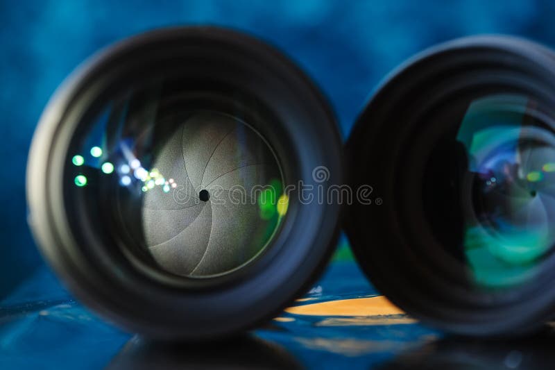 Standart Camera Lens with Aperture Inside, Colorful Reflection. Stock ...
