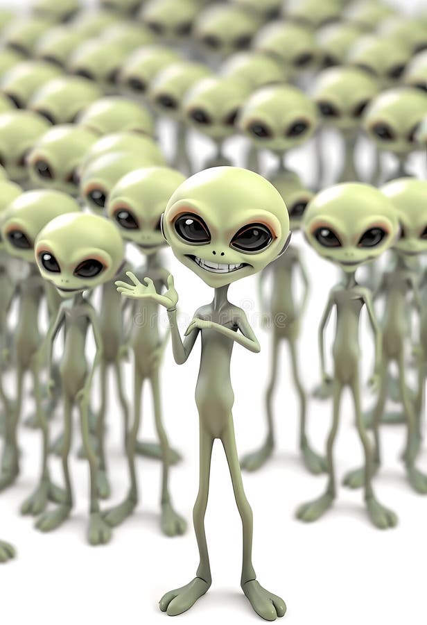 Standing Alien Figure Greets with Group on White Background Stock ...