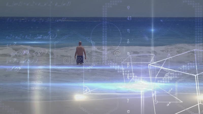 Standing on Beach, Man with Animation of Mathematical Formulas and ...