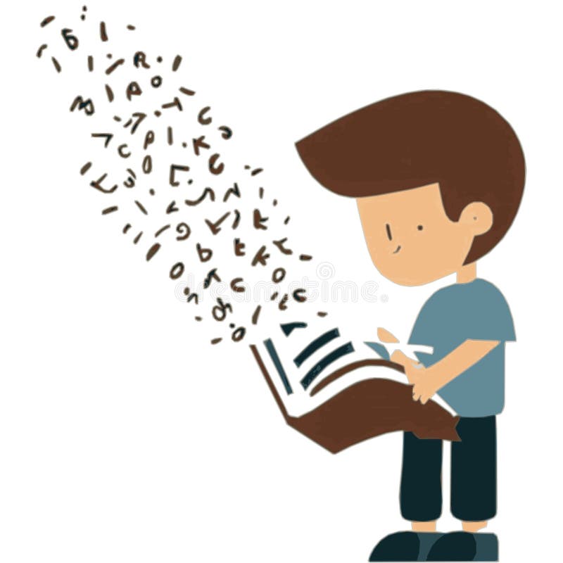 Standing Boy Reading Book with Text Flying Out Question Vector Graphic ...
