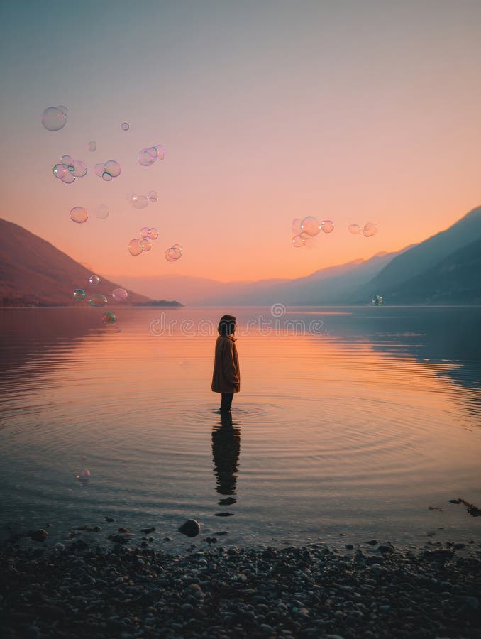 Standing in a Calm Lake, Surrounded by Reflective Thoughts in Bubble ...