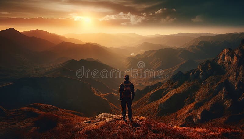 Standing on Cliff, Backpacker Achieves Mountain Peak at Sunrise ... Standing on Cliff, Backpacker Achieves Mountain Peak at Sunrise ...
