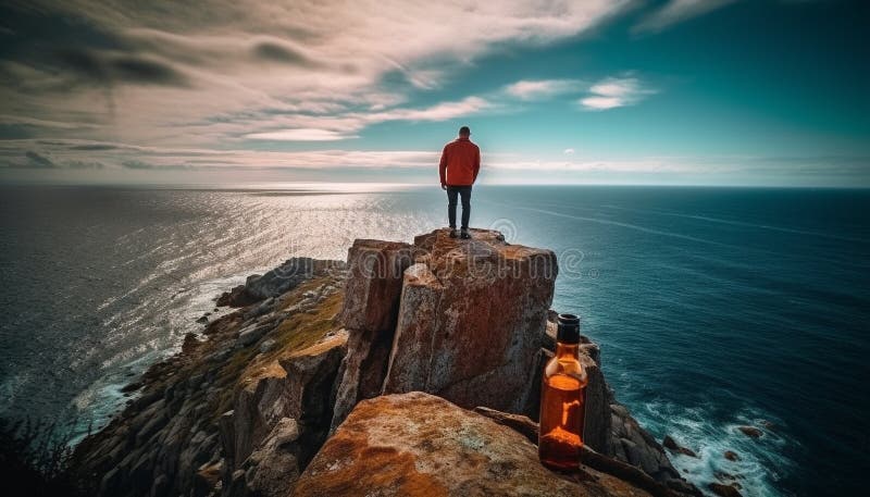 Standing on Cliff, Watching Sunset, Achieving Adventure and Success ...