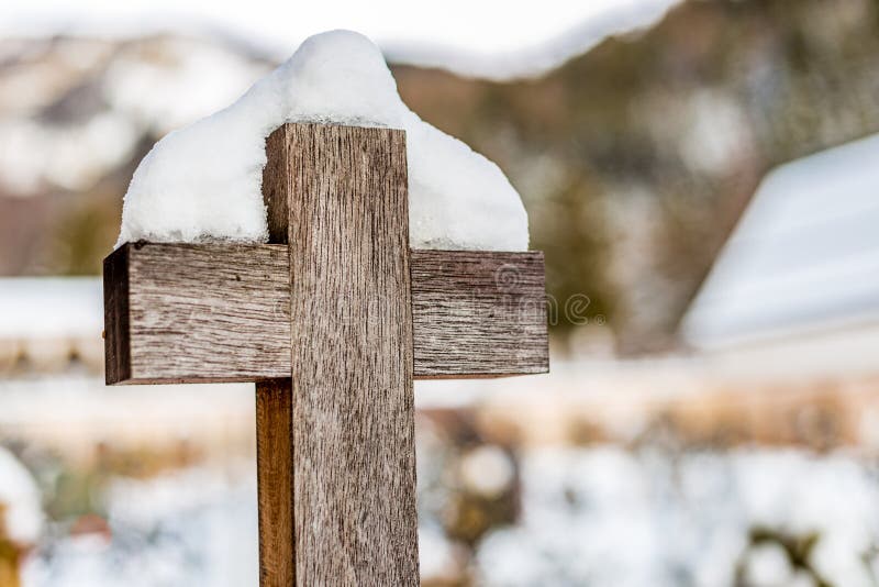 Standing Cross Covered by Snow Stock Photo - Image of snow, wooden ...