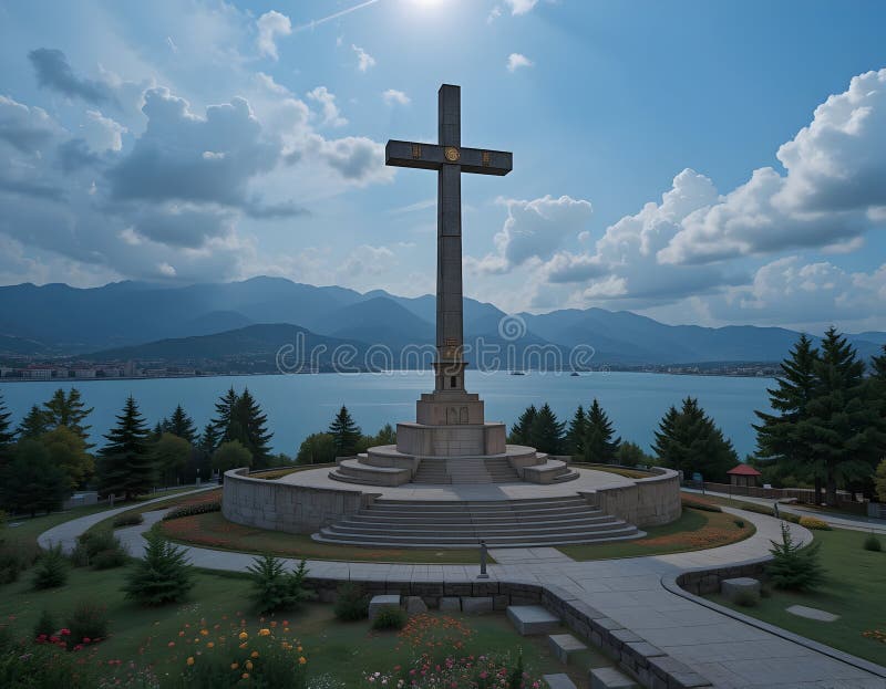 Standing Cross Monument Overlooking Scenic Lake View Landscape Stock ...