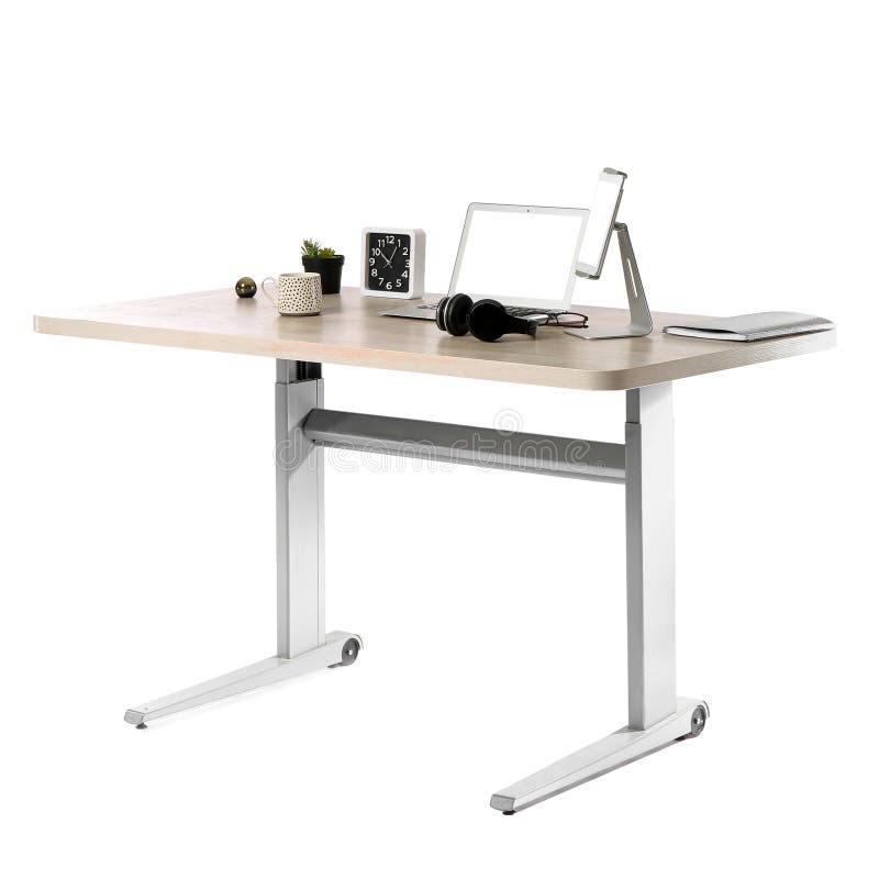 Standing Desk with Modern Devices on White Background Stock Image ...