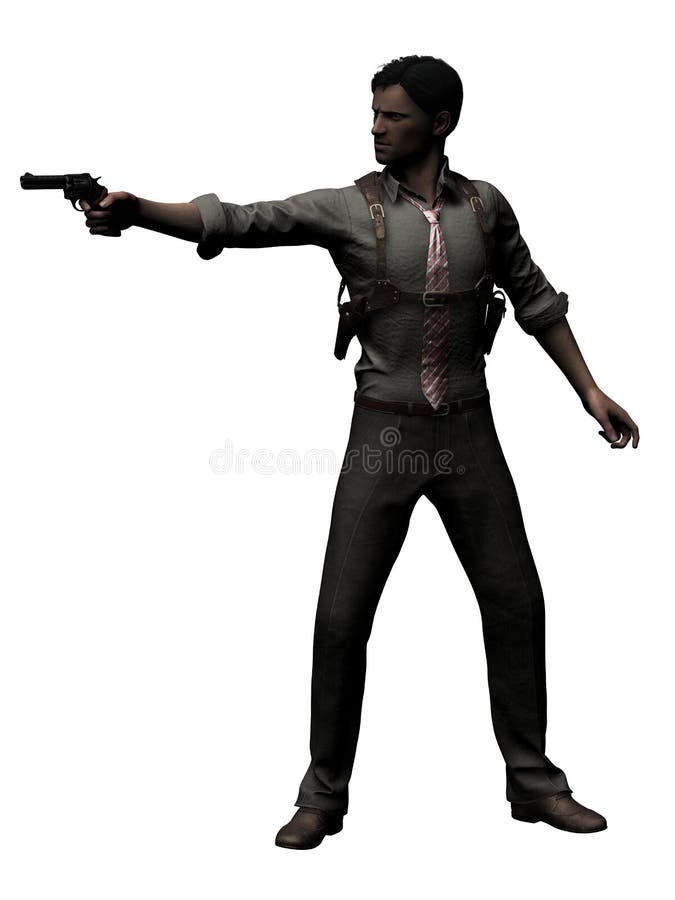 Standing Detective Aiming with Gun 3-D-Illustration White Background ...
