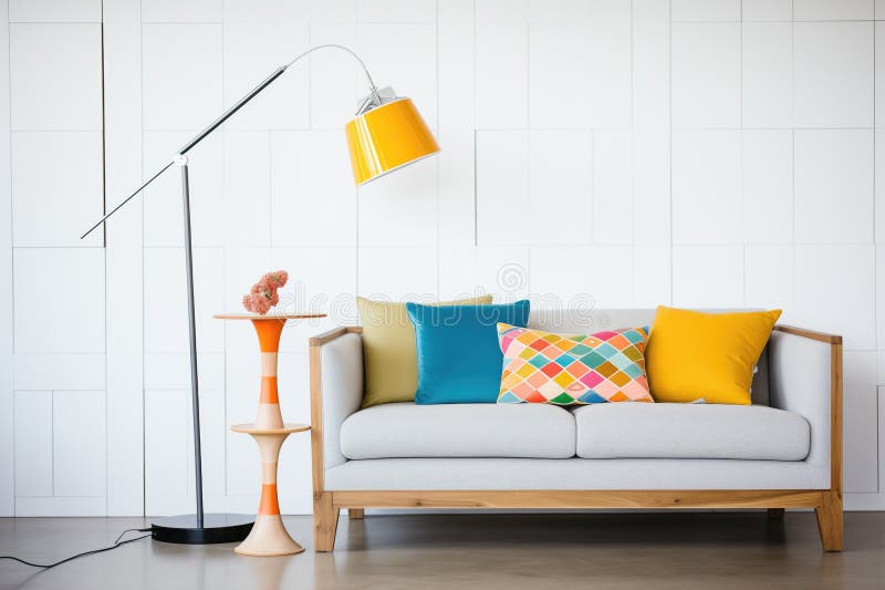 Standing Floor Lamp with Adjustable Arm beside Sofa Stock Image - Image ...