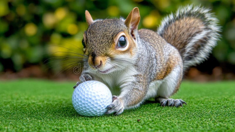 Standing in Front of a Golf Ball is a Squirrel on a Green Grassy Area ...