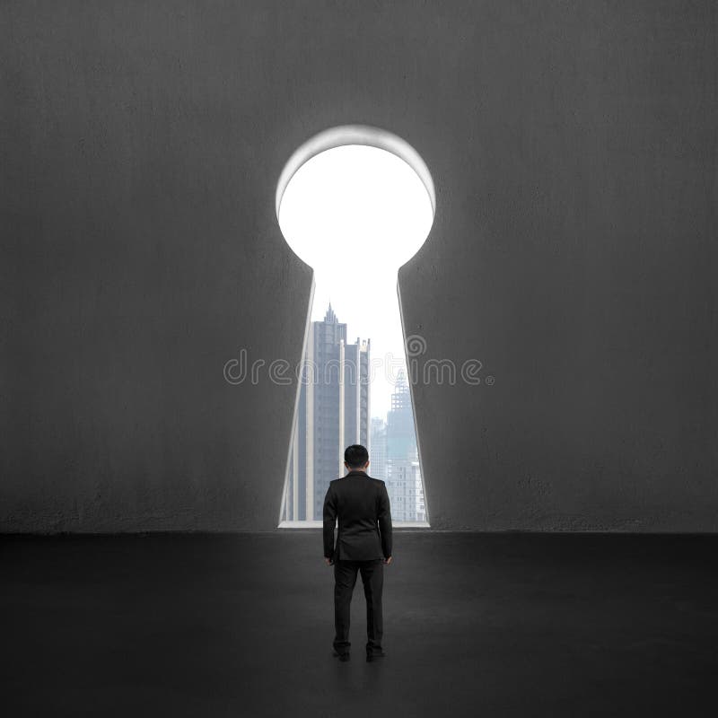 Standing in Front of Key Shape Hole with City View Stock Image - Image ...