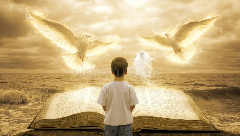 Standing on a Giant Book with a Fantasy Light Behind Him Stock ...