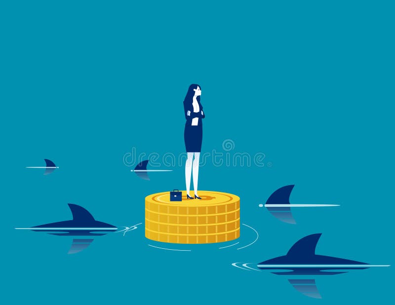 Standing with Gold Coins Around the Shark. Business Vector Illustration ...