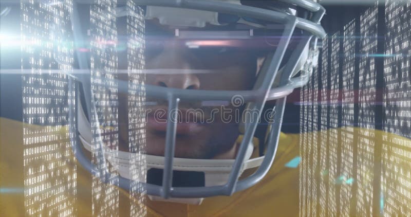Standing Helmeted Athlete Wearing Yellow Jersey Scanning Binary Code in ...