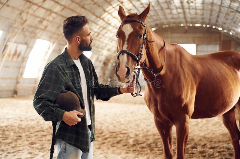 Standing and Holding Animal. Young Man with a Horse is in the Hangar ...
