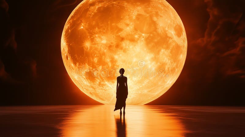 Standing before a Huge, Shining, Orange Moon is a Woman Stock Photo ...