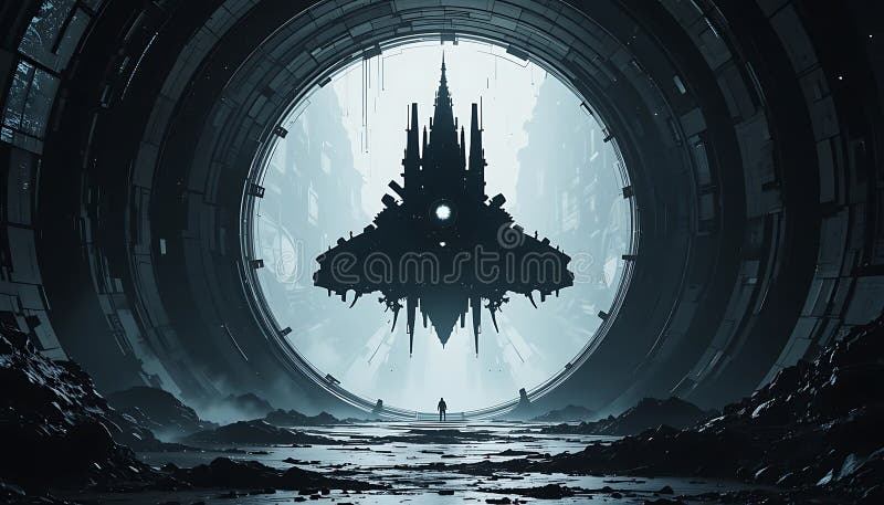 Standing before Imposing Structure Near Circular Opening with Distant ...