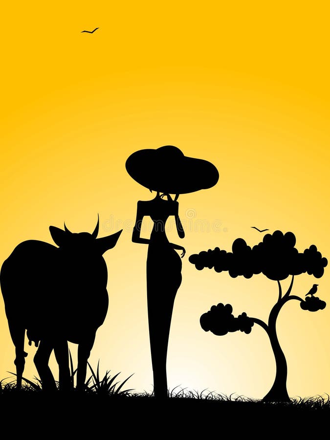 Standing lady with cow stock illustration. Illustration of artistic ...