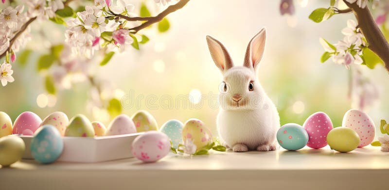 Standing in a Lively Field, a Rabbit is Surrounded by Easter Eggs, with ...