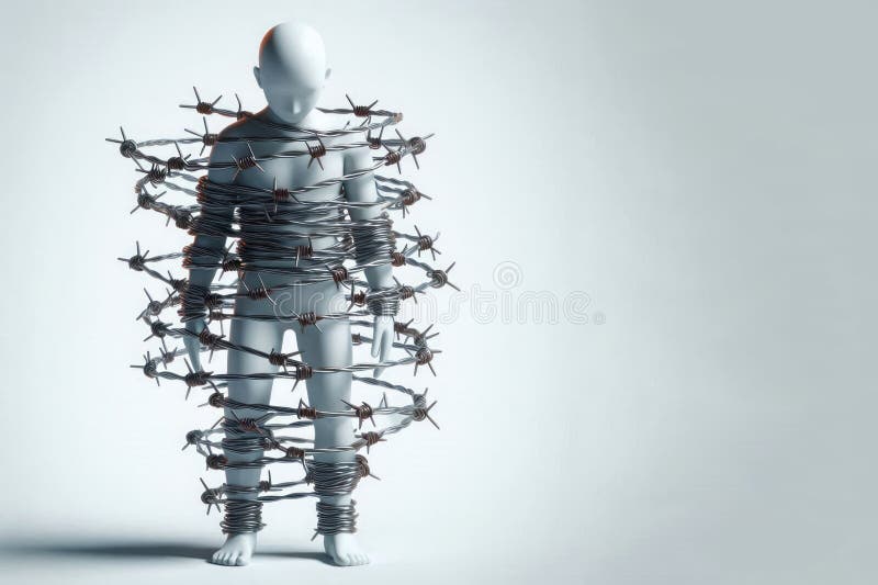 A Standing Man Wrapped in Barbed Wire. Space for Text. Stock Image ...