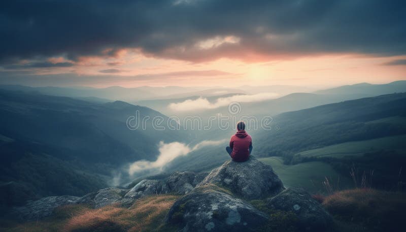 Standing on Mountain Peak, Backpacker Achieves Success Generated by AI ... Standing on Mountain Peak, Backpacker Achieves Success Generated by AI ...