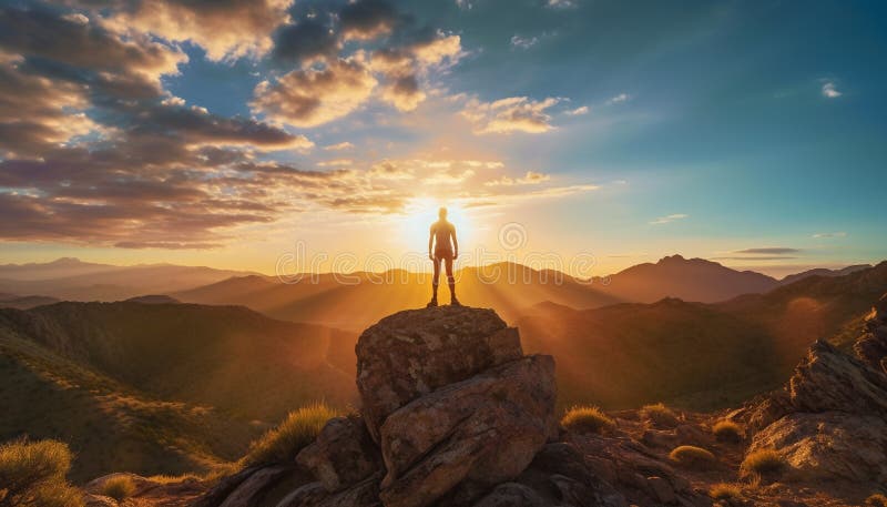 Standing on Mountain Peak, One Person Achieves Adventure and Success ...