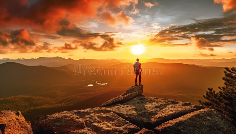 Standing on Mountain Peak, One Person Achieves Adventure and Success ...