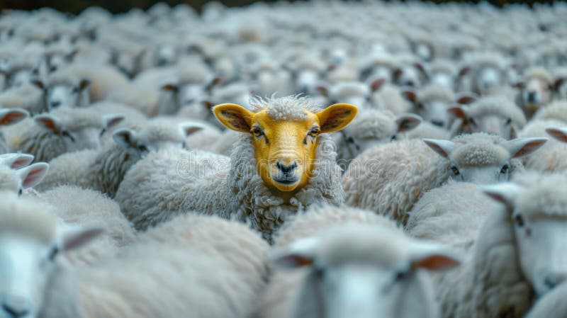 Standing Out from the Crowd Concept. Yellow Sheep Standing between Many ...