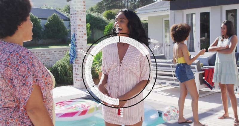 Standing by Pool, Woman Interacting with Circular Data Animation ...