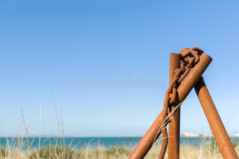 Standing Rusty Iron Pipe and Chain. Stock Photo - Image of steel ...